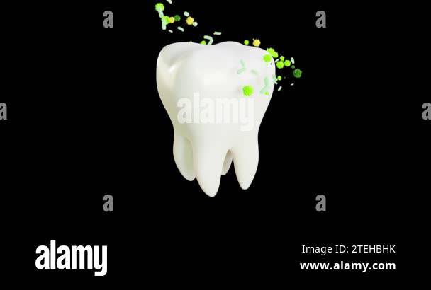 3d animation of darkening of tooth enamel in stages. Attack of bacteria ...