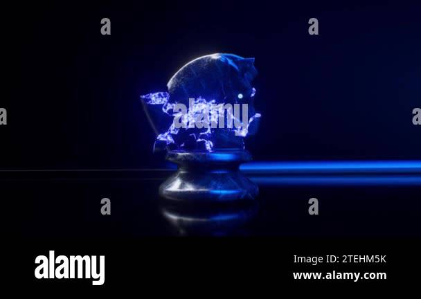 Game concept. The chess knight crumbles into glowing particles. Blue ...