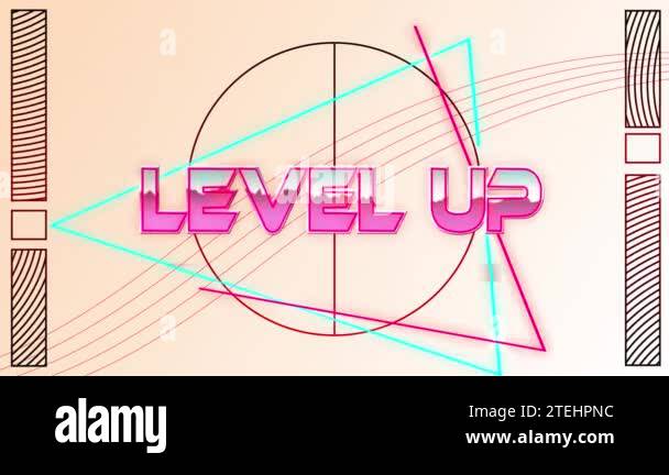 Animation of level up text over geometrical shapes on white background ...
