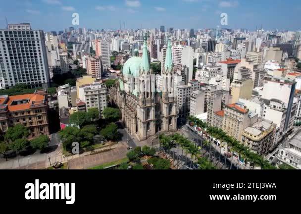 Panning wide of famous catholic church Metropolitan Cathedral of Sao ...