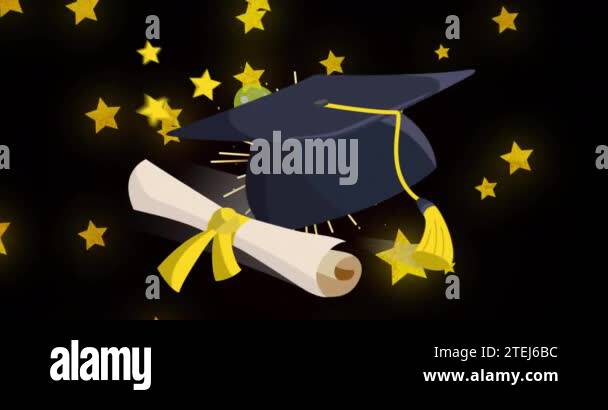 Animation of graduation cap and letter icons over stars on black ...