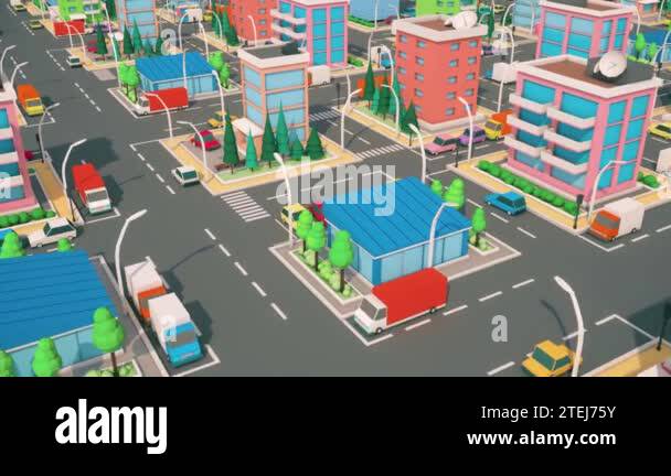 3d cgi animation of a colorful low poly city, videogame sim city flat ...