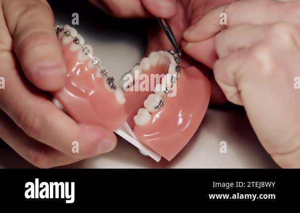 Installation of orthodontists. The dentist demonstrates the ...