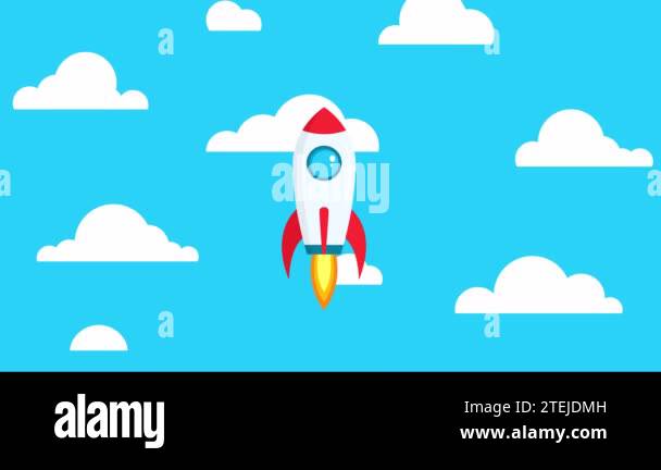 The rocket flies on a blue background with clouds. Spaceship animation ...