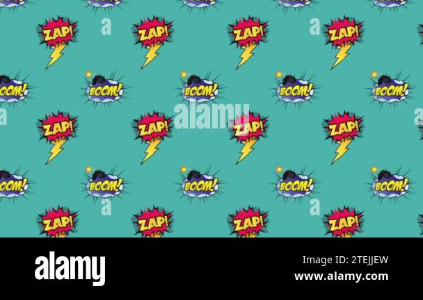 Animation of comic 5 options text over multiple comic speech bubbles ...