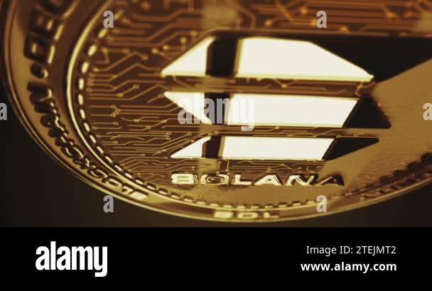 Solana SOL stablecoin cryptocurrency golden coin turning. camera ...