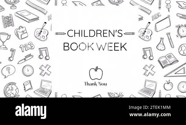 Animation of children book week text over school items on white ...
