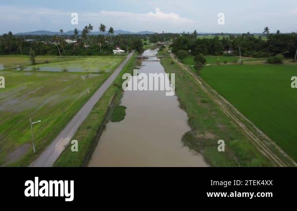 Seberang Perai, Penang, Malaysia - Oct 29 2021: Aerial view water canal ...