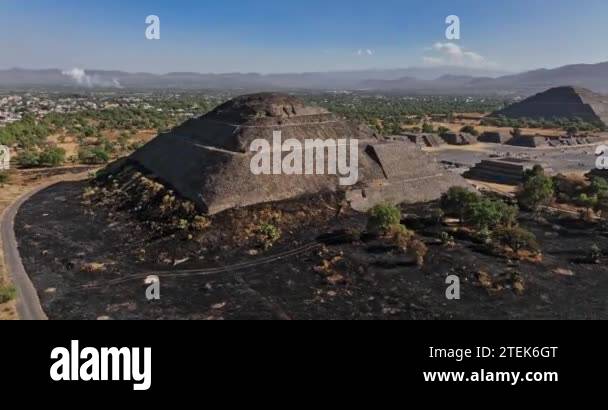 Teotihuacan Mexico Aerial v4 low level fly around pyramid of the moon ...