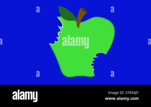 Loop animation of a green apple being bitten and eaten. On a blue ...
