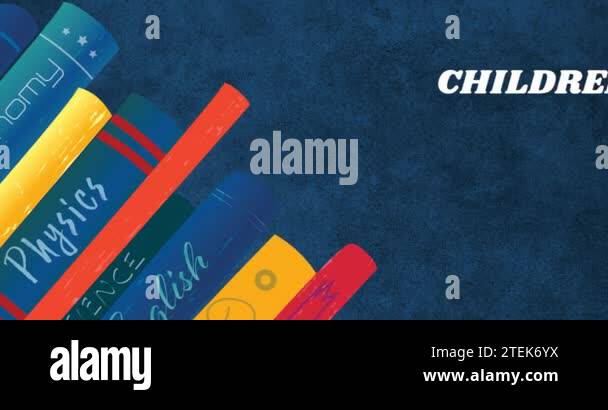 Animation of children's book week text over books on blue background ...