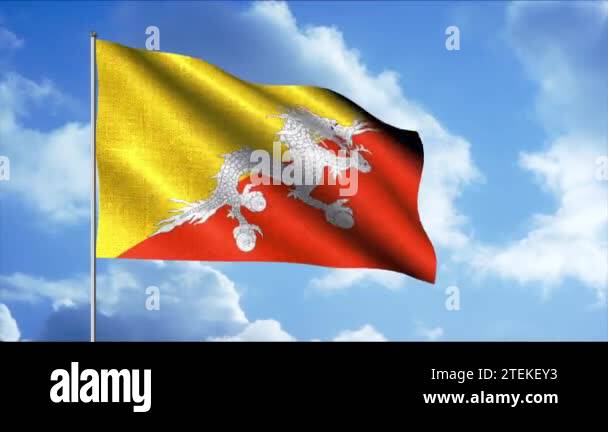 Flag of Bhutan. Motion. Two right-angled triangles are visible on the ...