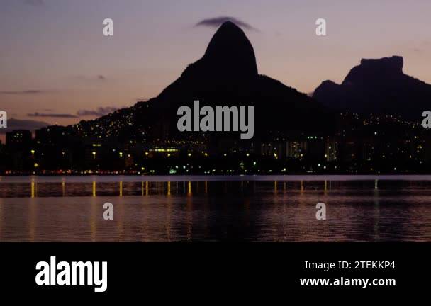 Peaceful bay and city lights - Rio de Janeiro, Brazil. Static evening ...