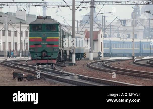 Railway locomotive. Front view. Old soviet diesel vehicle. Front view ...