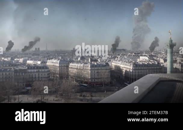 Paris city under attack in war with Army Helicopter 3d rendering with ...