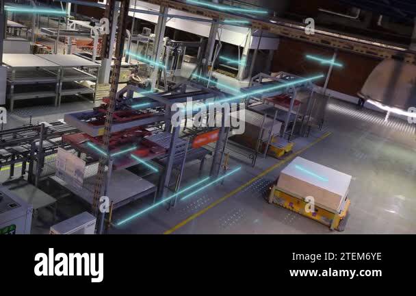 Automated factory with self-managed robots. Robots in an automated factory. Visualization of ...