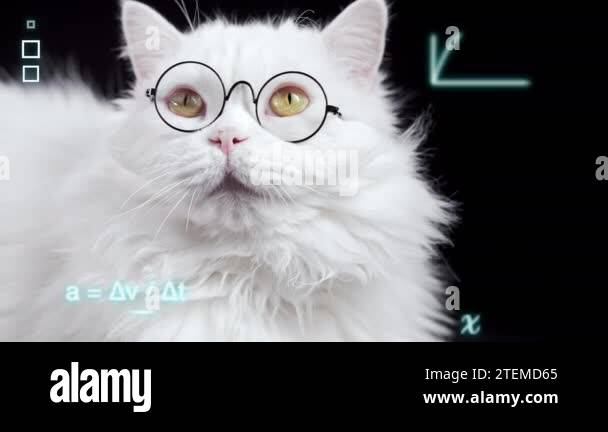 Smart white cat in transparent glasses counts math, physics formulas ...