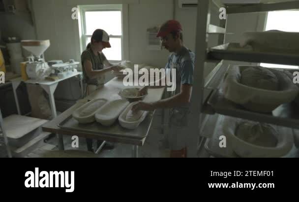 Bakers make bread in a craft bakery, working with whole wheat dough to ...