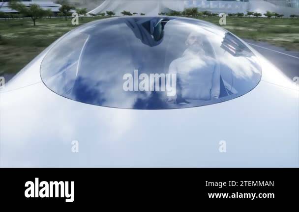 Futuristic electric car very fast driving on highway. Futuristic city ...