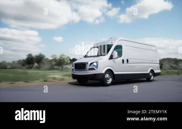 Generic 3d model of delivery van very fast driving on highway. Gas, oil ...