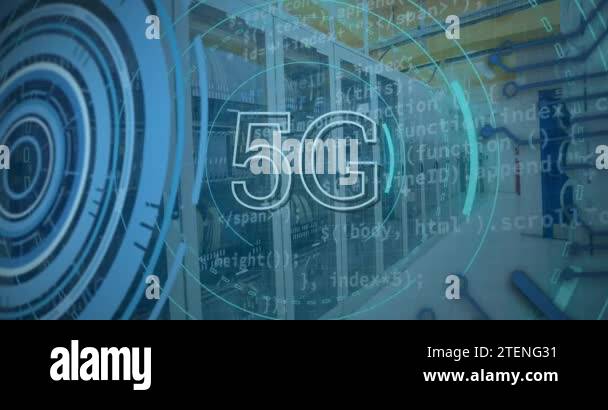 Animation of 5g text, scopes scanning and data processing over servers. Global connections, data ...