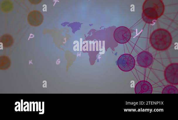 Animation of two globes of digital icons and alphabets over world map ...