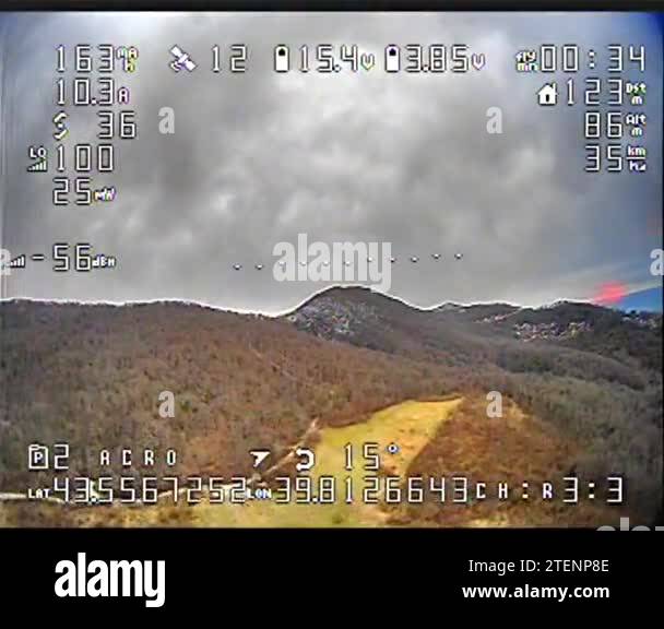 Digital crash effect on the camera from a drone with a view of green ...