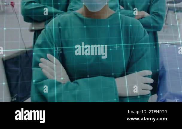 Animation of grid network over portrait of team of surgeons with arms ...