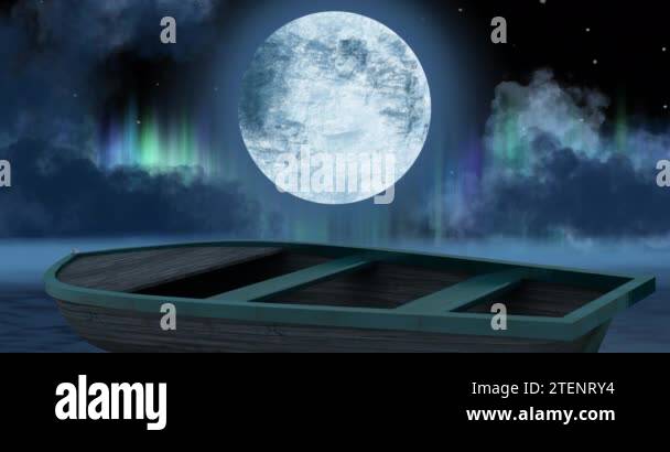 Animation of full moon and northern lights on sky over boat. Natural ...