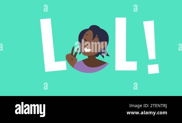 Animation of lol text with smiling woman icon on green background ...