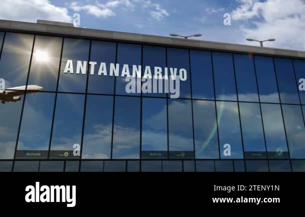 Plane landing at Antananarivo, Madagascar 3D rendering animation ...