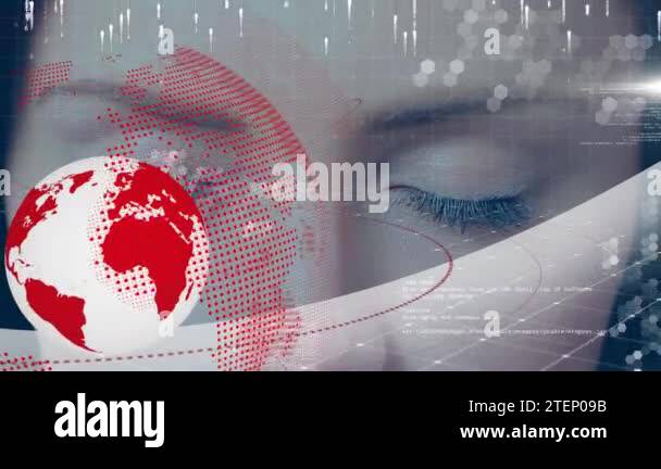 Animation of data processing and globe over eyes of caucasian woman. global digital interface ...