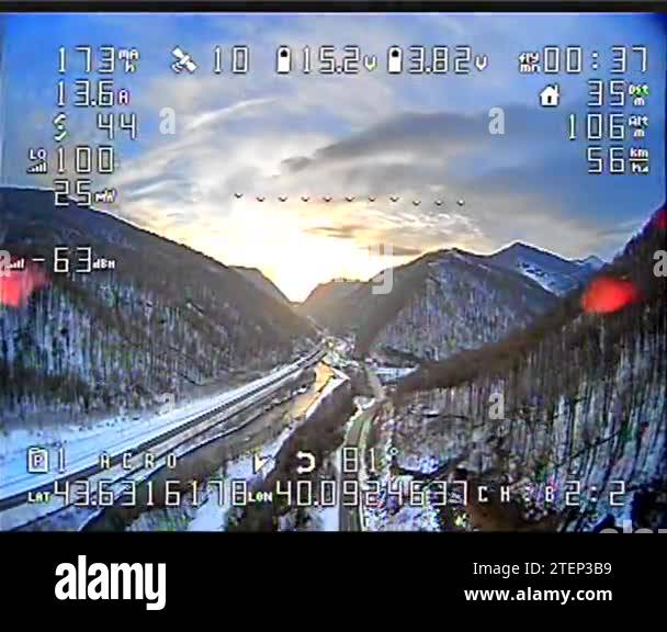 Digital crash effect on the camera from a drone with a view of green ...