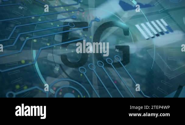 Animation of 5g text, scopes scanning and data processing over server. Global connections, data ...