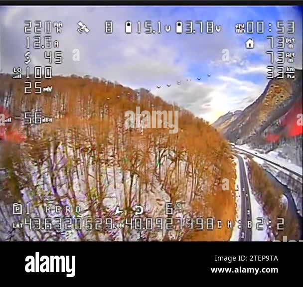 Digital crash effect on the camera from a drone with a view of green ...