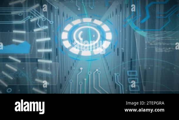 Animation of 5g text, scopes scanning and data processing over servers. Global connections, data ...