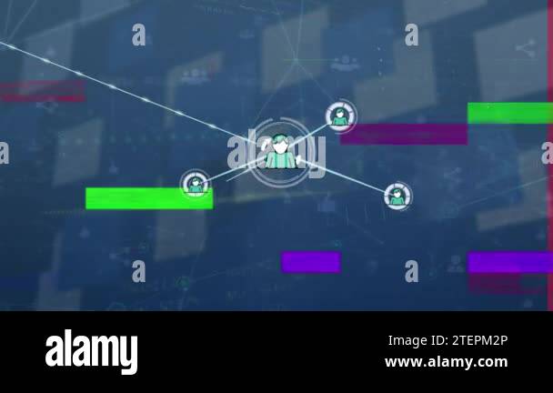 Animation of digital people icons connecting with lines and stock market ticker chart with ...