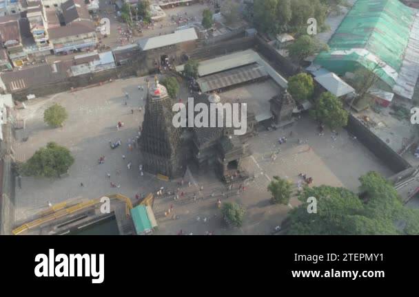 Aerial View of Trimbakeshwar Shiva Temple captured by drone camera. One ...