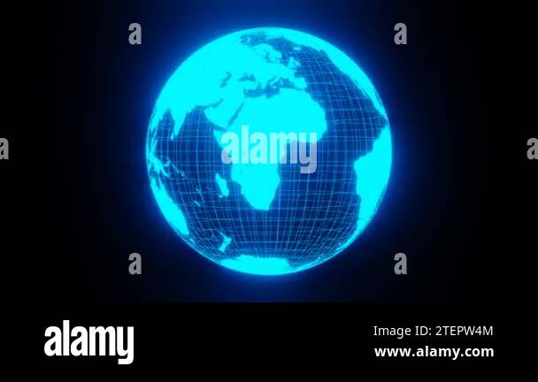 Hologram of rotating neon blue wireframe planet Earth. 3d globe ...