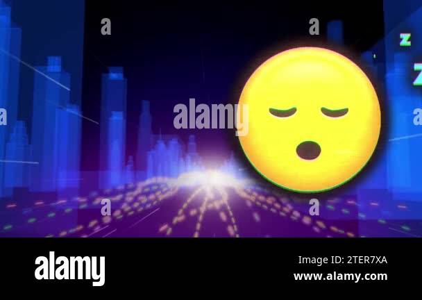 Animation of sad emoticon over lines moving fast on metaverse city ...