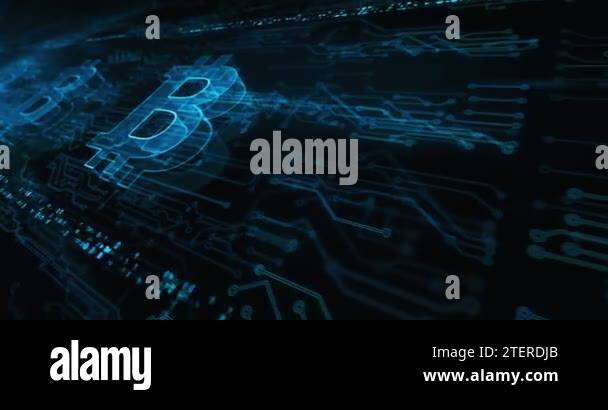 Bitcoin blockchain crypto currency and digital money hologram symbol appears on a electronic ...