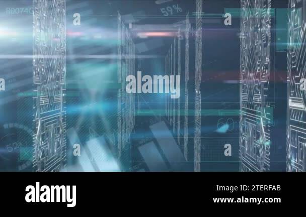 Animation of financial data processing over columns with computer circuit board. global ...