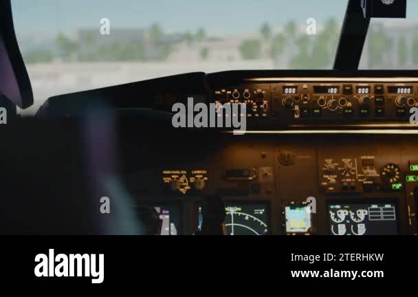 Airplane control panel with switch and lever in cockpit to takeoff ...