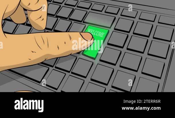 Start word on computer keyboard. Man push keypad on laptop. 4k Comic ...