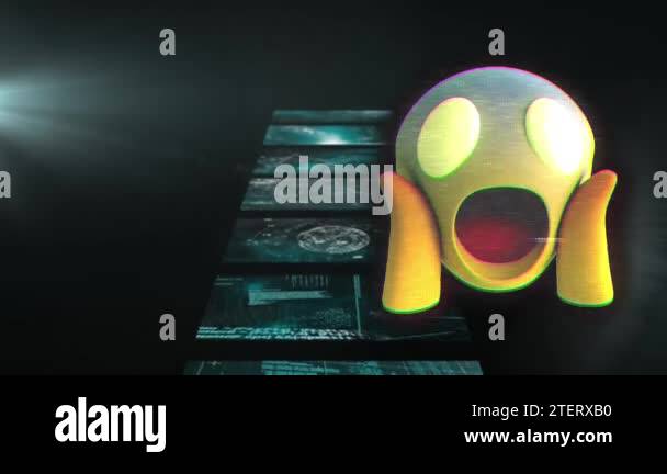 Animation of scary emoticon over data moving on screens over black ...