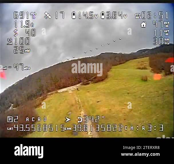 Digital crash effect on the camera from a drone with a view of green ...