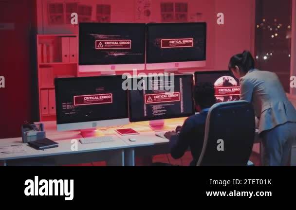 Rear-view of two young diverse cyber security specialists fixing critical error, warning alarm ...