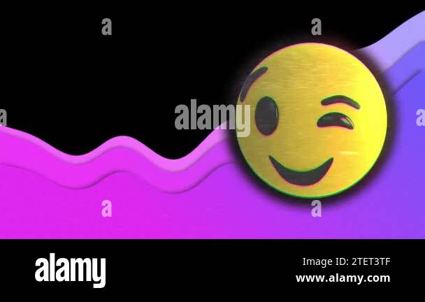 Animation of blinking emoticon over purple wave on black background ...
