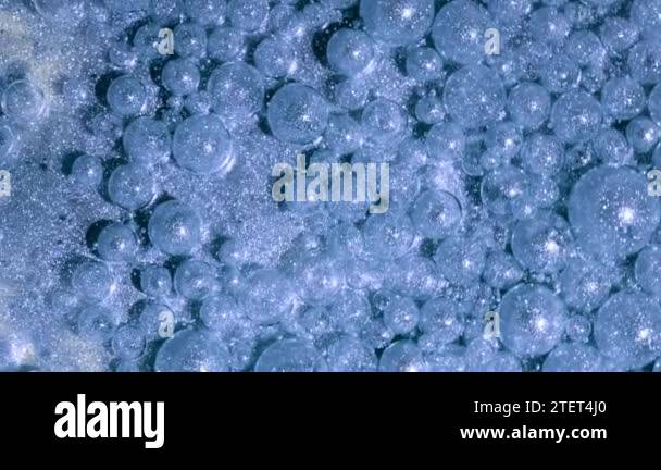 Abstract of light blue pearl bubbles rotating and bursts in grey ...