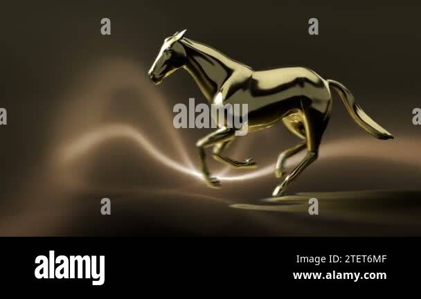 Gold glossy horse sculpture running pose on dark gold light lines ...